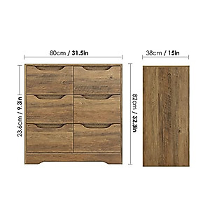 URKNO Modern 6 Drawer Dresser, Double Chest of Drawers with Storage, 3+3 Clothing Organizer with Cut-Out Handle, Dresser Chest, Wood Storage Cabinet for Living Room, Bedroom, Hallway, Rustic Brown