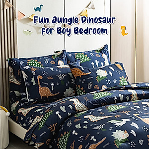HollyHOME 7 Pieces Teens Comforter Set Dinosaur Pattern Bed in A Bag Bedding Set for Boys, Blue, Full/Queen