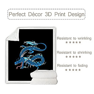 Sleepwish Traditional Fluffy Microfiber Fleece Throw Blue Chinese Dragon Sherpa Throw Blanket Throw(50"x60") Super Soft Reversible Ultra Luxurious Plush Blanket
