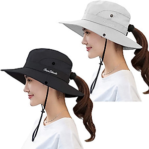 ZEXIAN Women's Sun Hat UV Protection Ponytail Hat for Beach Fishing＆Hiking(Pure Beige & Pure Black)