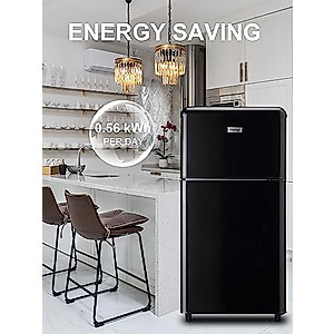WANAI Compact Refrigerator 3.2 Cu.Ft Retro Mini Fridge With Freezer 2 Door Mini Refrigerator with 7 TEMP Modes, Removable Shelves, LED Lights, Ideal for Apartment Camper Dorm and Office, Black