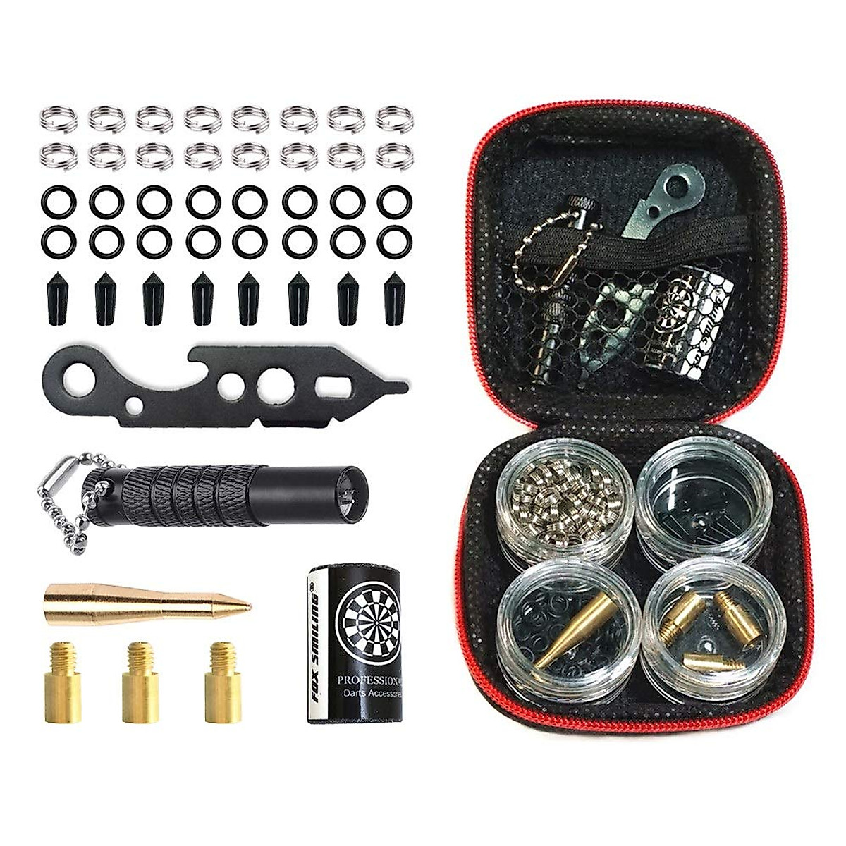 FOX SMILING 145 Pieces Dart Tool Kit with Steel Rubber O Ring, Stone Sharpener Dart Repair Accessories Set Flight Protector and Weight Add A Grams,Small Packaging Easy Carrying (145 Pieces)