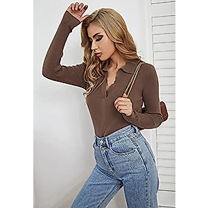 Kate Kasin Womens Polo Long Sleeve Sweater Scalloped V Neck Knit Tops Solid Ribbed Lightweight Pullover Shirts Coffee XL