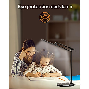 XREY LED Desk Lamp with Wireless Charger, USB Charging Port, Desk Lamp Touch Control Dimmable with 5 Color Modes & 5 Brightness, Eye Caring Desk Lamp, 2 Night Lights (Black)