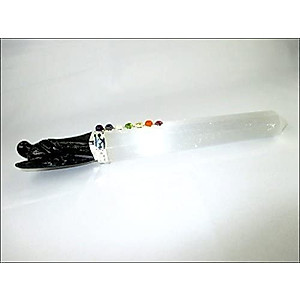 Jet Selenite Chakra Wand with Black Tourmaline Angel Stick Approx. 5-5.5 inch Energized Charged Cleansed Programmed Pure Genuine Stick Free Booklet Jet International Image is JUST A Reference