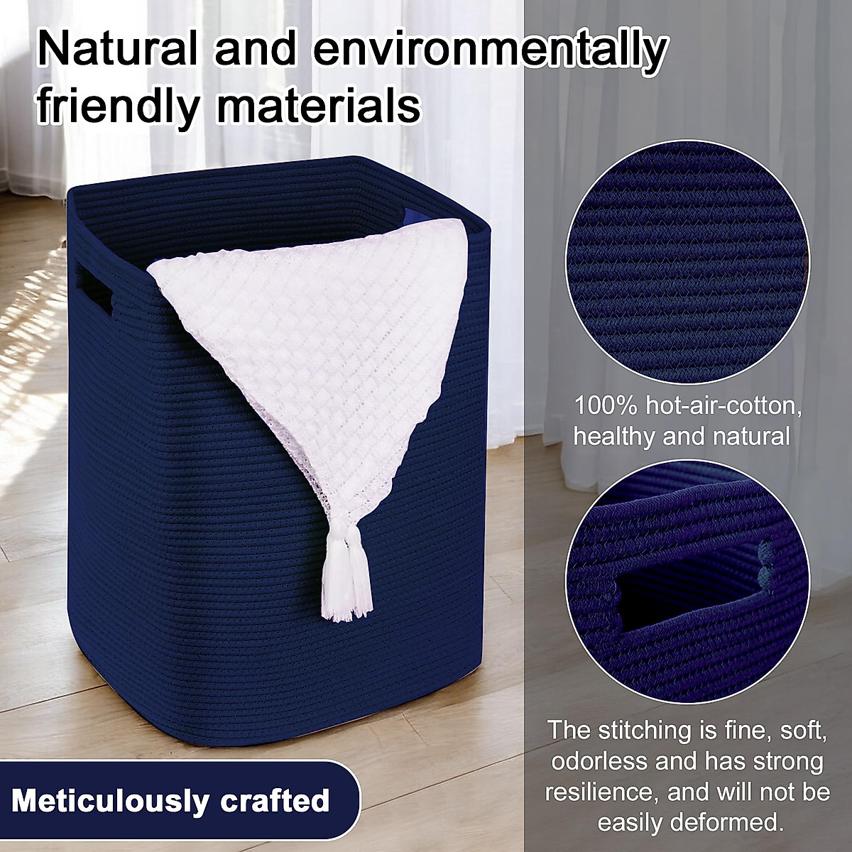 RRM Laundry Hamper 75L,13''x16''x22'' Tall Woven Cotton Laundry Basket with Handle, Decorative Storage Basket for Dirty Clothes Blankets Toys in Living/Bath/Baby/Laundry Room,Blue