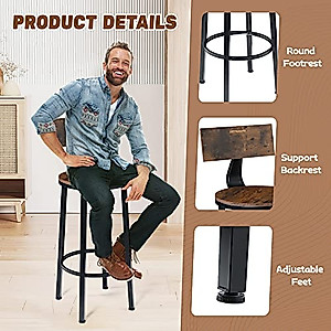 BETTAHOME Bar Stools Set of 2, 29 Inch Bar Chairs for Counter Height, Wooden Barstools with Footrest and Backrest, Rustic Brown and Black BT008
