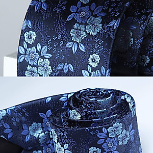 HISDERN Extra Long Floral Paislry Tie Handkerchief Men's Necktie & Pocket Square Set,Blue,2XL, 70 inches length