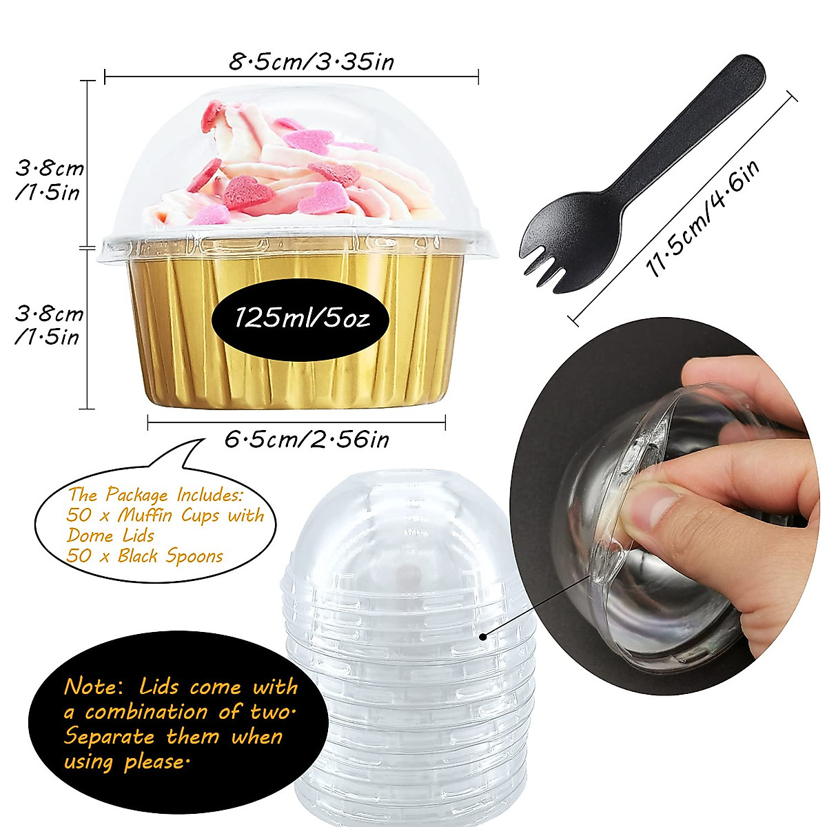 50Pack Foil Cupcake Liners With Lids And 50Pack Large Muffin Cups With Dome Lids