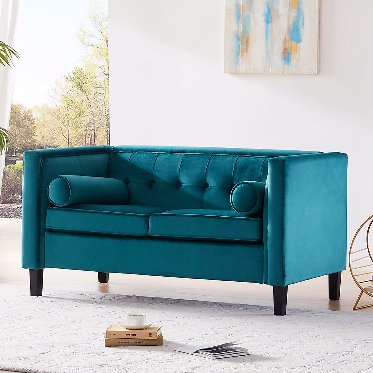 WILLOVE 58" Mid-Century Modern Velvet Sofa, 2 Seater Couch with Comfy Deep Seats, Small Loveseat Couch for Living Room Furniture with Two Throw Pillows, Easy to Install (Teal)