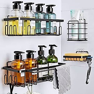 Bivvclaz 4 Pack Shower Caddy, Shower Shelves with Soap Dish and Toothbrush Holder, Adhesive Shower Organizer No Drilling, Rustproof Bathroom Shower Organizer, Shower Shelf for Inside Shower, Black