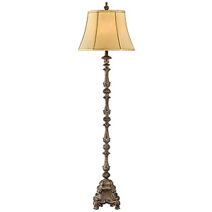 Regency Hill Rustic French Country Traditional Style Floor Lamp Standing 62" Tall Faux Wood Antique Candlestick Beige Silk Fabric Bell Shade Decor for Living Room Reading House Bedroom Home