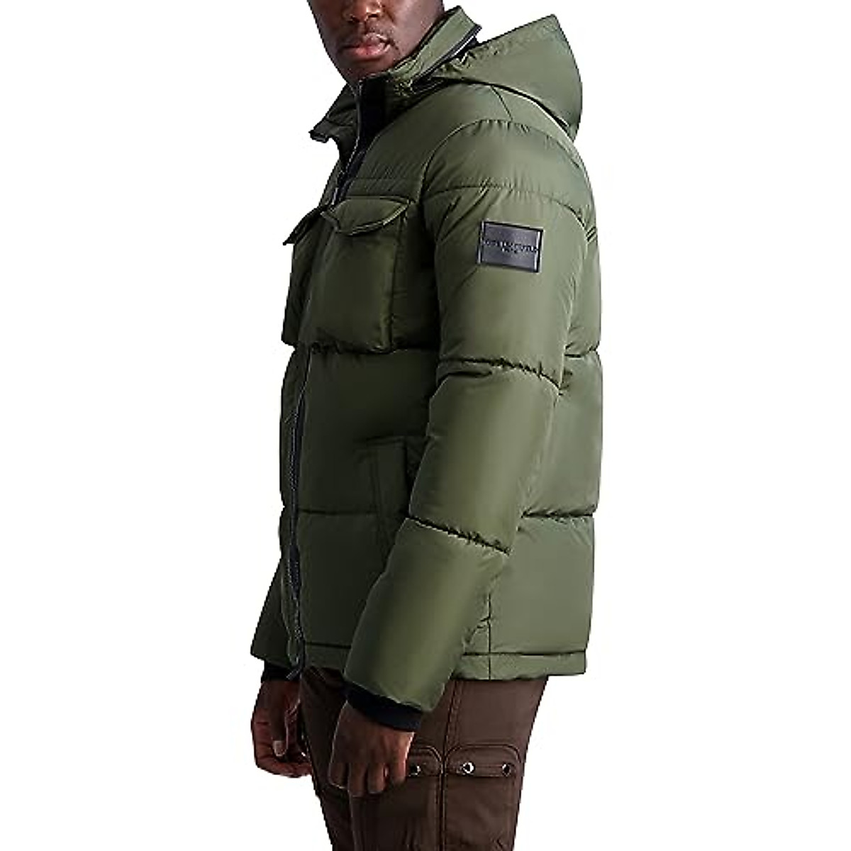 Karl Lagerfeld Paris Men's Quilted Zip Out Hood Puffer Jacket, Olive, Large