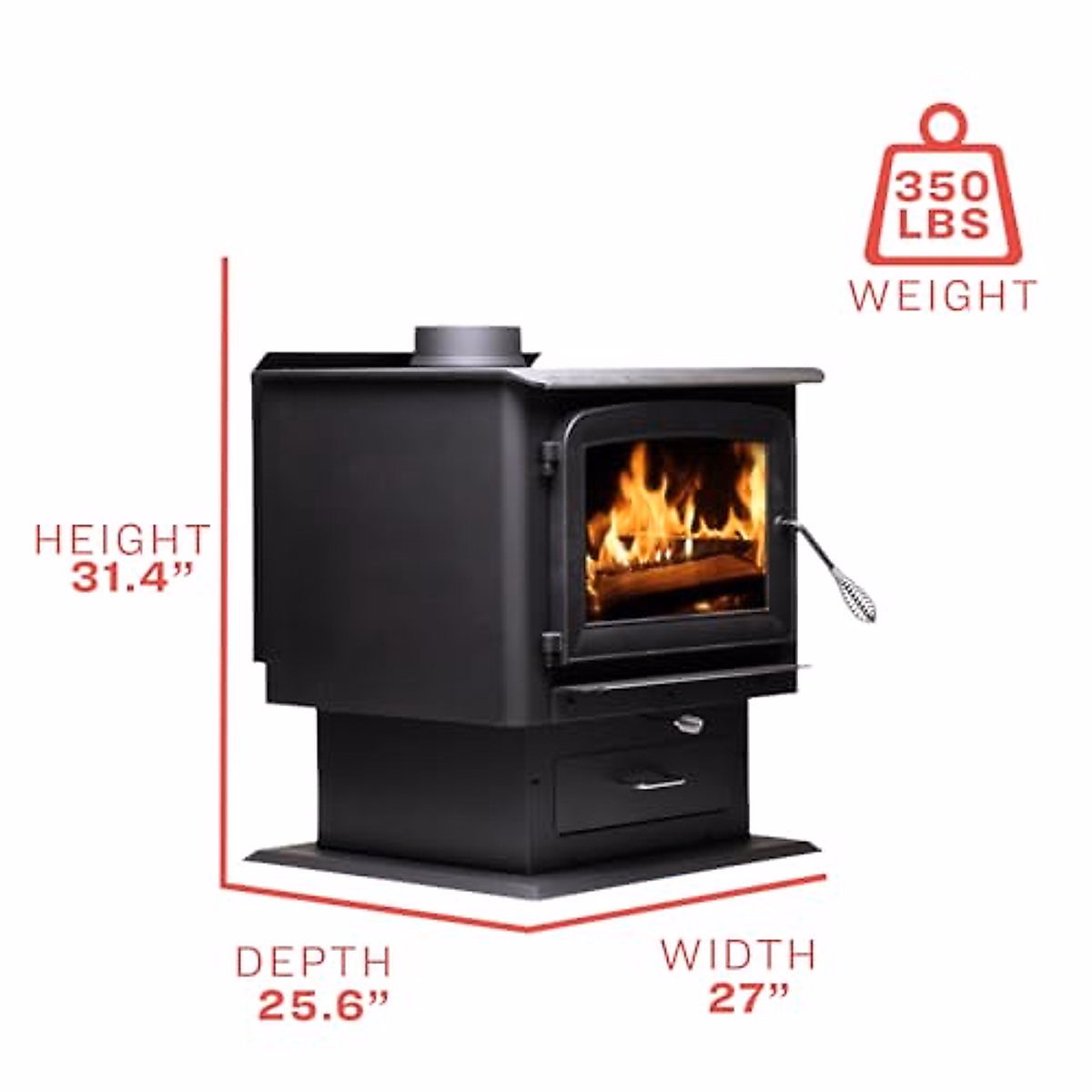 Ashley Hearth AW2520E-P 2,500 Sq. Ft. EPA Certified Pedestal Wood Burning Stove, Medium, Black