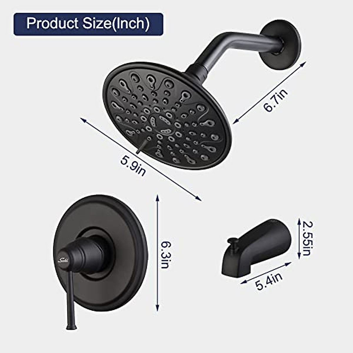 SWKB Shower Faucet with Tub Spout Matte Black Bathroom Shower Tub Faucet Set with 6-spray Shower Head System, Single Handle Shower Trim Kit with Rough-in Valve