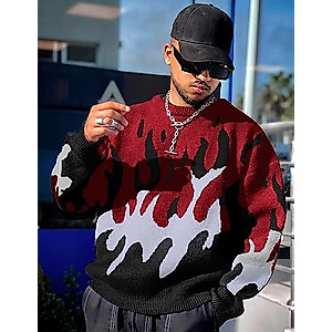 ZAFUL Mens Long Sleeve Flame Graphic Y2K Knit Sweaters Casual Oversized Sweater Pullover Wine Red XXL