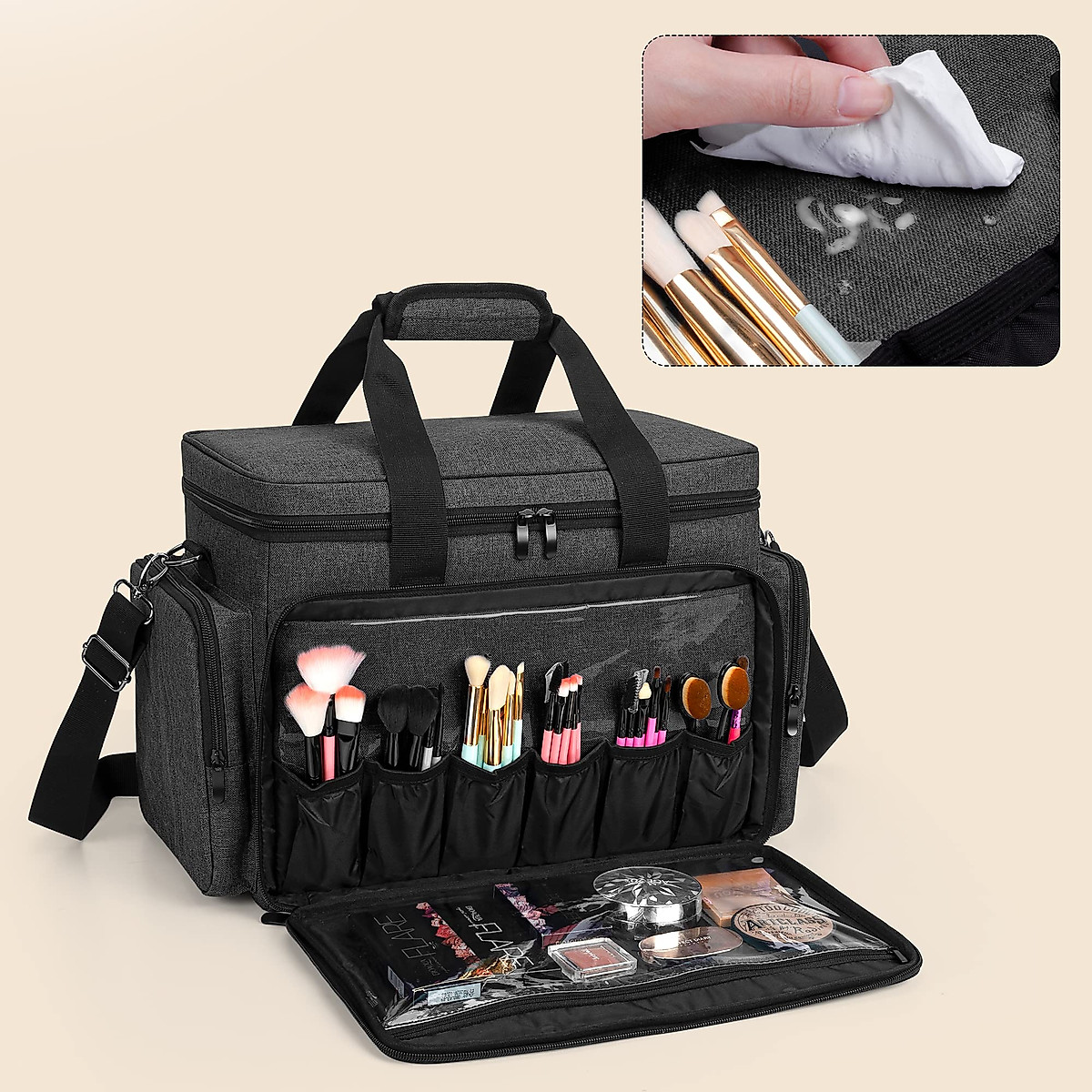 BAFASO Large Makeup Bag Cosmetic Bag with Removable Dividers, Travel Makeup Case Holds Cosmetics and Hair Supplies, Black