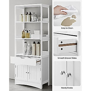 VASAGLE Bathroom Storage Cabinet, Freestanding Linen Tower, Tall Bookcase with 3 Open Shelves, 1 Large Drawer, 12.8 x 23.6 x 60.6 Inches, for Entryway, Kitchen, Study, White UBBC67WT