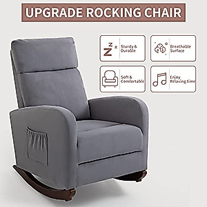 AVAWING Home Rocking Chair, Mid Century Glider Chair Upholstered Frosted Velvet High Back Arm Chair Nursery Rocking Chairs with Solid Legs and Side Pockets (Gray)