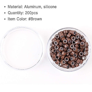 200Pcs Beads Silicone Aluminium Micro Nano Rings 5.0x3.0x3.0 mm Lined For I Tip/Nano Hair Extensions Tool Beads (Brown Color)