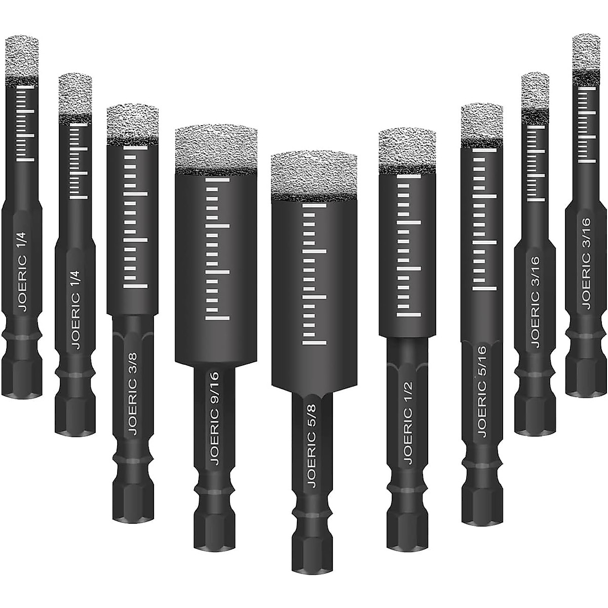 JOERIC 9 PCS Black Dry Diamond Drill Bits Set, Hex Shank Diamond Hole Saw Kit with Storage Bottle, for Granite Marble Tile Ceramic Stone Glass Hard Materials (Not for Wood) with Size 3/16'' to 5/8''
