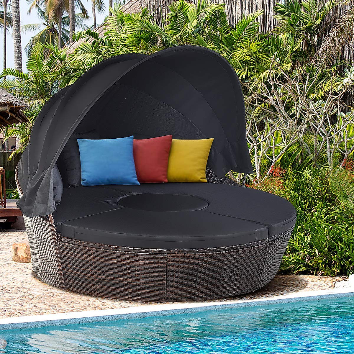 HAPPYGRILL Patio Daybed with Canopy Outdoor Furniture Set Sofa Set Rattan Wicker Round Daybed with Soft Cushions Coffee Table for Patio Backyard Poolside