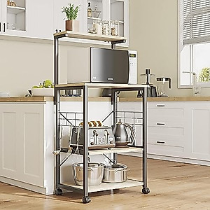 Bestier Bakers Rack, 4-Tier Microwave Stand Coffee Bar Table on Wheels, Utility Storage Rack with Sliding Shelf & 10 Side Hooks for Kitchen, Living Room, Dining Room, Oak