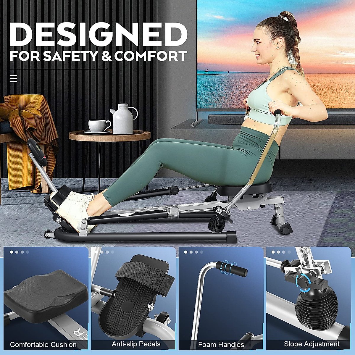 ANCHEER Rowing Machine,Rowing Machines for Home Use with LCD Monitor& Comfortable Seat,Hydraulic Rower Machine with 12 Resistance Levels Up to 290 lb Weight Capacity (Black)