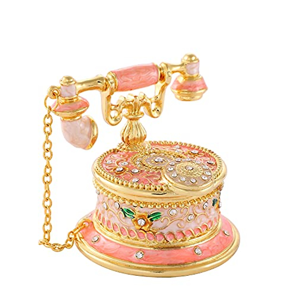 QIFU Hand Painted Telephone Pink Enameled Jewelry Trinket Box with Hinged Unique Gift for Home Decor