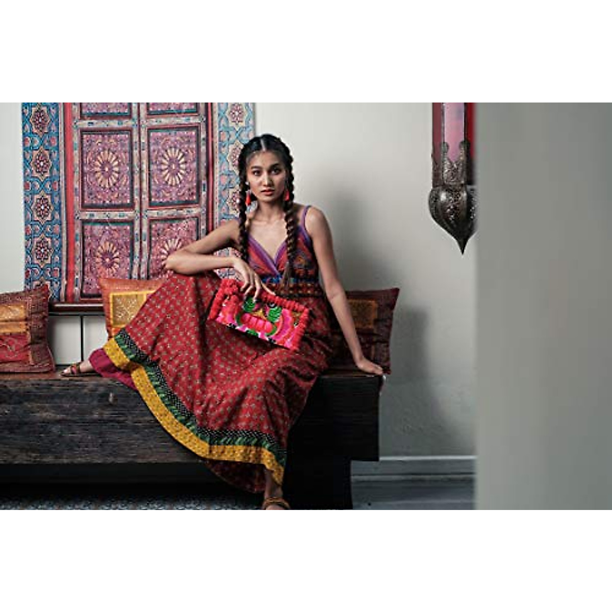 Red Pom Pom Clutch Bag with Embroidered Hmong Tribes Orchid Pattern