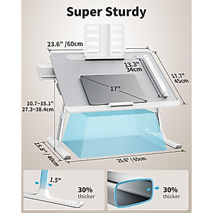 Laptop Bed Tray Desk with LED Desk Light, SAIJI Adjustable Laptop Stand for Bed, XX-Large PVC Leather Foldable Laptop Table with Book Stand, Wrist Rest, Extra Leg Room for Sofa Couch Floor (Gray)