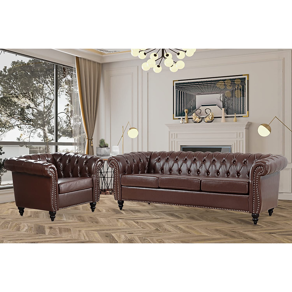 Vaztrlus Brown Leather Sectional Chesterfield Sofa Set, Luxury Couch for Living Room, Comfy Deep-Seat 3-Seater Couch and Chair Set for Bedroom, Office, or Apartment. Tool-Free 2-Piece Assembly.