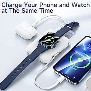 HUOTO Portable Charger,5000mAh Mini iWatch Magnetic Charger Power Bank with Built in Charging Cable,Travel Charger External Battery Pack Compatible with Apple Watch/iPhone 11/13/12/Smartphones/Airpods