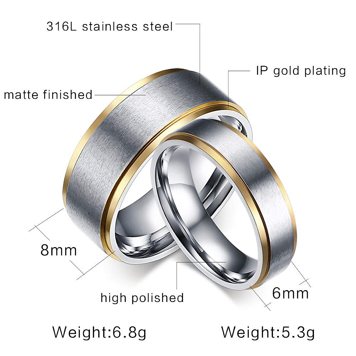 MZZJ Sun and Moon Friendship Lover 8MM&6MM Black Brushed 2 Tone Stainless Steel Rainbow Step Edge Wedding Band Engagement Matching Ring for Him Her,Anniversary Birthday Gift
