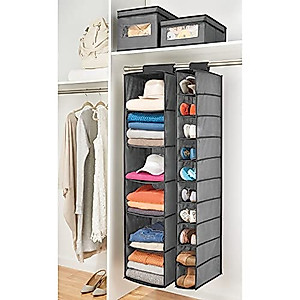 mDesign Soft Fabric Closet Organizer - Holds Shoes, Handbags, Clutches, Accessories - 10 Shelf Over Rod Hanging Storage Unit - Textured Print - Charcoal Gray/Black
