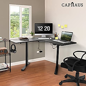 CAPHAUS 48 Inches L Shaped Electric Standing Computer Desk, Home Office Height Adjustable Corner Desk with 2 Position Memory Control Panel, Black Metal Frame & P2 Grade Black Desktop, Single Motor