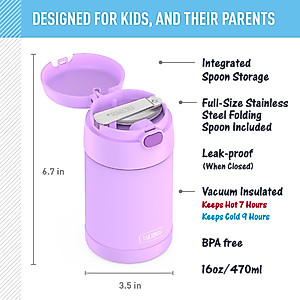 THERMOS FUNTAINER 16 Ounce Stainless Steel Vacuum Insulated Food Jar with Folding Spoon, Neon Purple