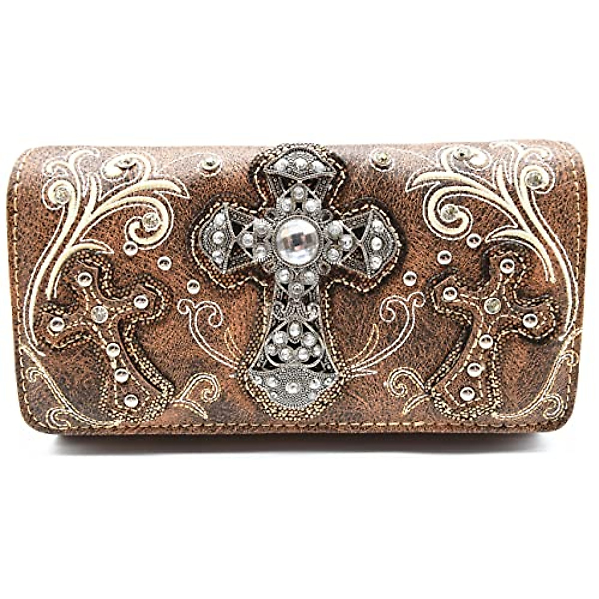 Western Style Rhinestone Cross Tote Concealed Carry Purse Laser Cut Handbag Women Shoulder Bag Wallet Set (#2 Brown)