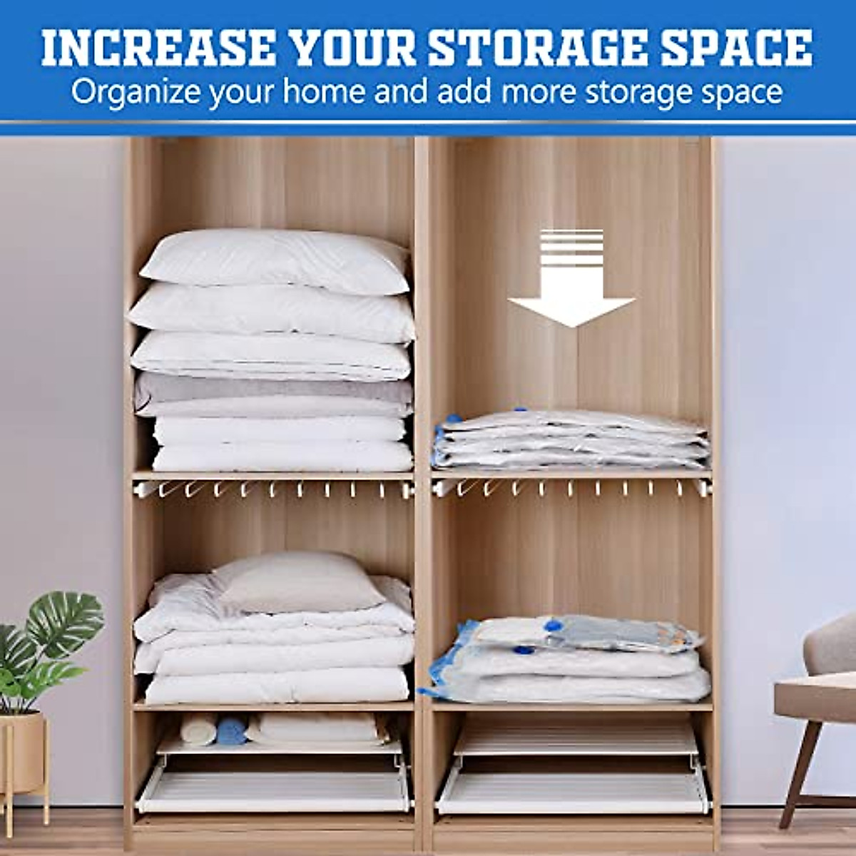 MecTo Vacuum Storage Bags 6 Pack Jumbo Space Saver Vacuum Storage Bags, Reusable Ziplock Vacuum Sealer Bags for Clothing, Comforter, Pillow, Blankets, Bedding, Travel, Hand Pump Included