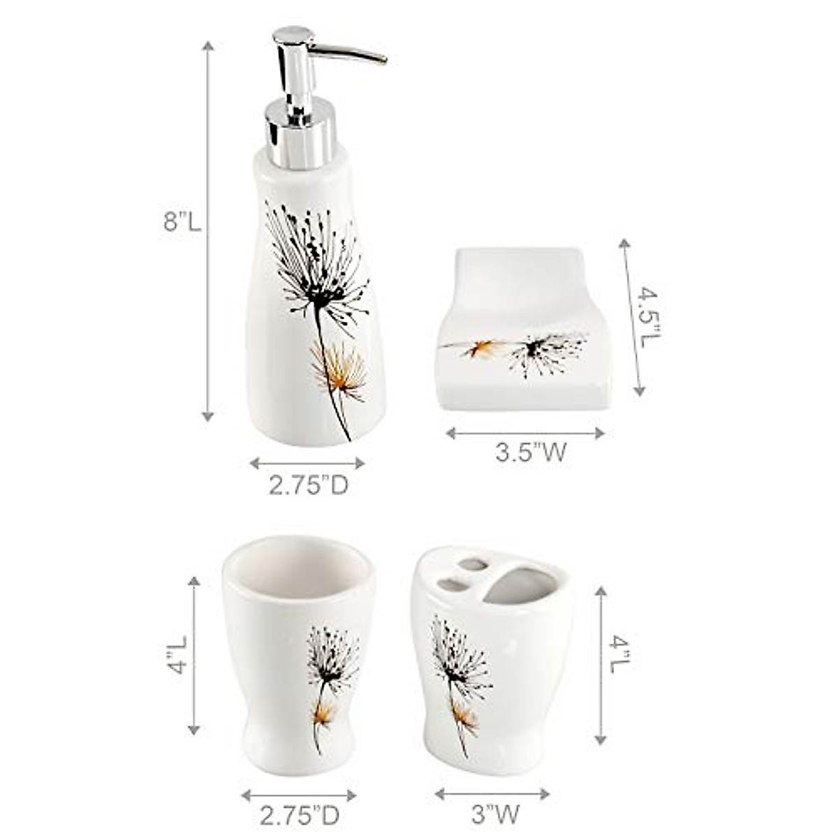 HOME-X Bathroom Accessory Set, 4-Piece Set with Soap Dish, Liquid Dispenser, Tumbler, and Toothbrush Holder, White with Flower Print