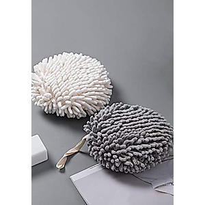 MAYITBE Soft Absorbent Chenille Hand Towels, Decorative Hanging Fuzzy Towels Ball, Thick Drying Cloth Hand Towel for Home Kitchen & Bathroom (Grey*2)