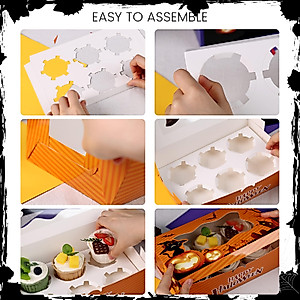 VGOODALL 6 Count Halloween Cupcake Boxes, 8 Sets Halloween Treat Boxes Cupcake Containers with Window for Birthday Holiday Bakery Supplies Halloween Party Decorations 9.5"x6.3"x3"