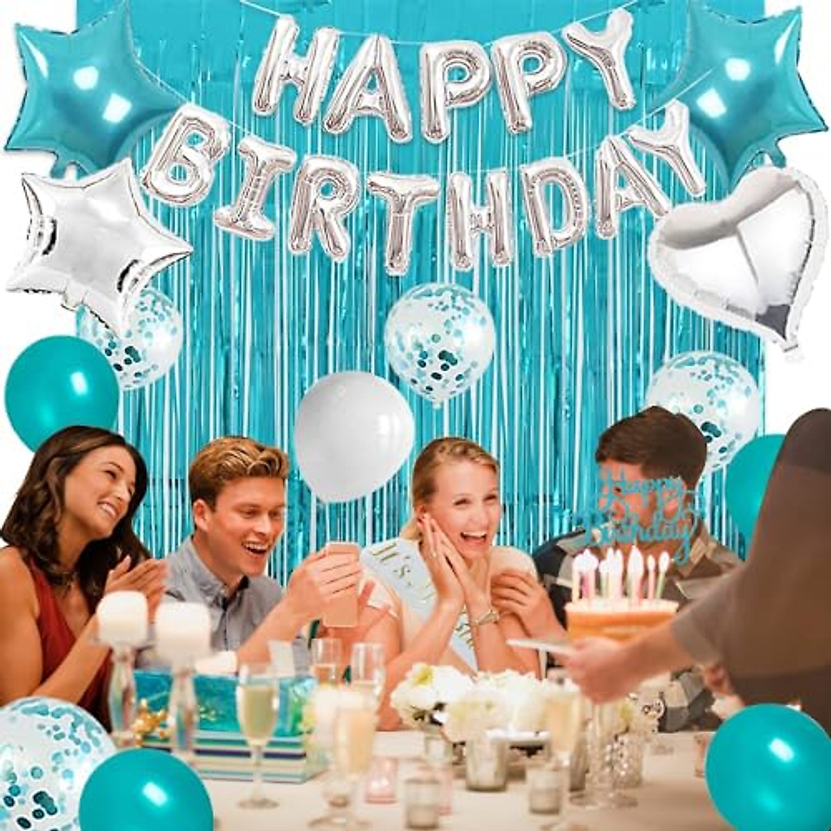 Happy Birthday Decorations Teal Blue Birthday Decorations for Women Girls-Teal Blue and Silver Birthday Balloons Kit,Turquoise Birthday Party Decorations