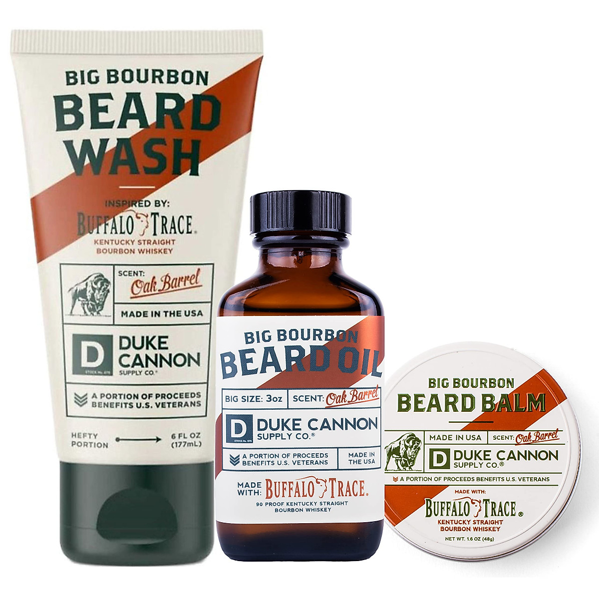 Duke Cannon Supply Co. Big Bourbon Beard Care Collection Gift Bundle (3 Piece Set) - Beard Wash, Balm and Oil (Oak Barrel Scent)