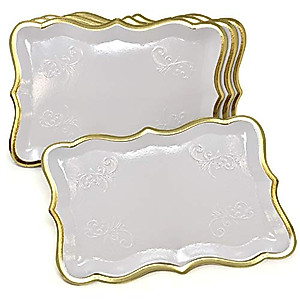 10 White Rectangle Trays with Gold Rim Border for Elegant Dessert Table Serving Parties 9" X 13" Heavy Duty Disposable Paper Cardboard for Platters, Cupcake Display, Birthday Party, Weddings Food Safe