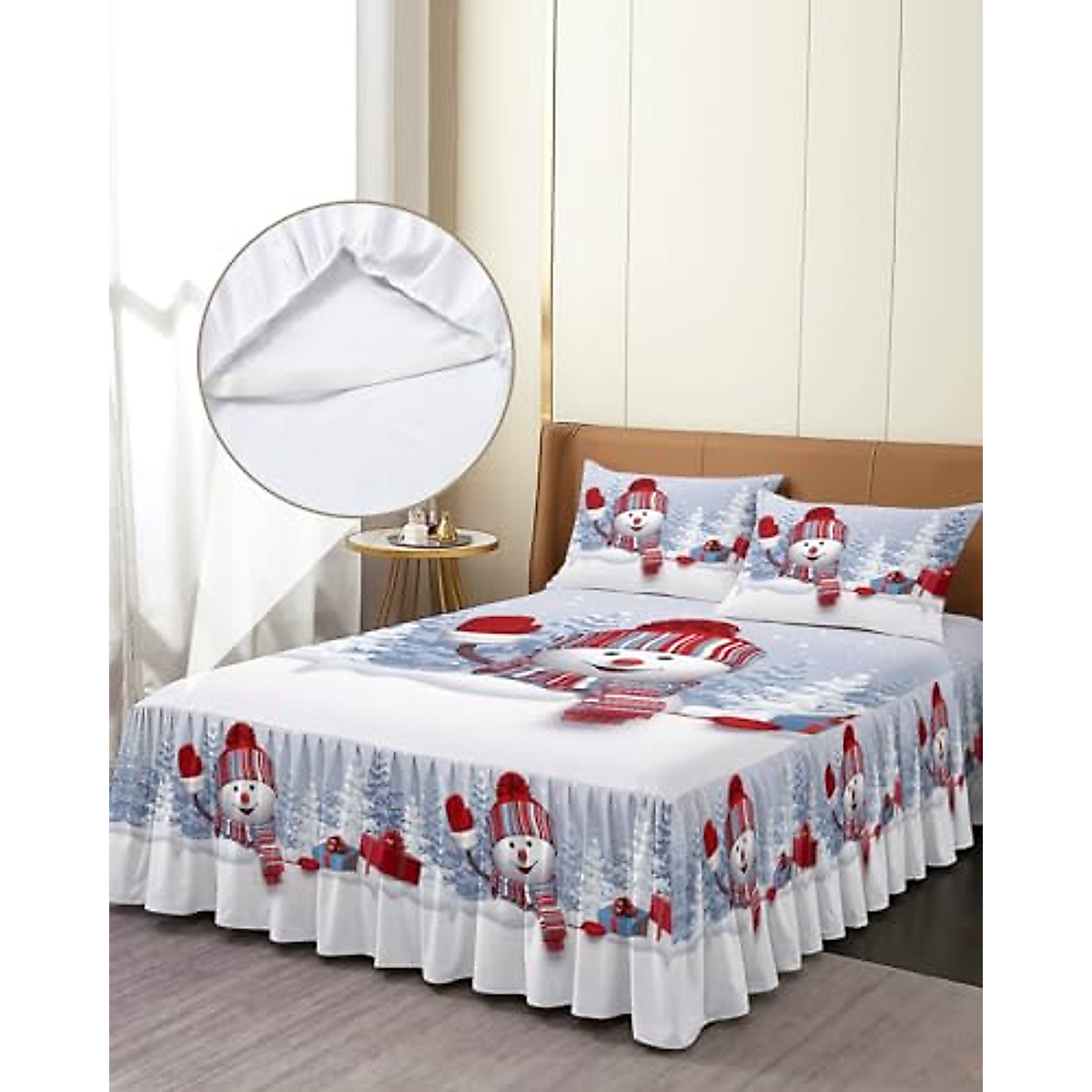AMZRicher Winter Snowman Wrap Around Pleated Bed Skirts for Twin XL Bed 39x80, Decorative Dust Ruffle Bed Sheet & Bedskirt 18'' Drop Bedspread with Pillow Case 20x30 Christmas Forest Snowy Tree
