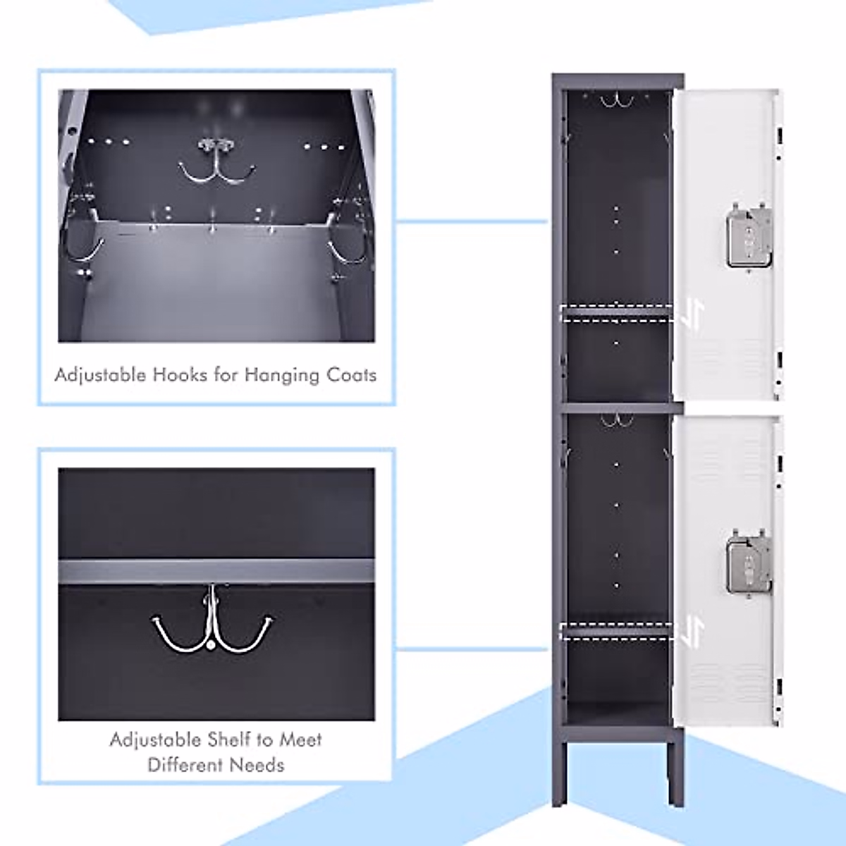 MIIIKO Employee Lockers with 2 Doors, Metal Locker 2 Tier School Lockers with Vents and Hanging Hooks, for Storage of Clothes, Sportswear, Bags, Shoes
