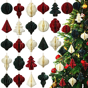 Janinka 24 Pcs Christmas Paper Honeycomb Ornaments 3D Mini Glitter Edge Honeycombs Lantern Reusable Vintage Christmas Hanging Neutral Ornaments for Christmas Tree New Year Home Decor (Stylish)