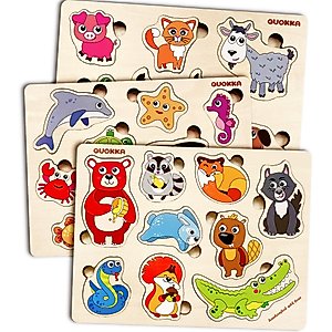 QUOKKA Wooden Puzzles for Toddlers Ages 1-3-5 – Animal Peg Puzzles for Kids 2-4 Years Old – Set of 3 Wood Learning Travel Toys for Children – Gift Educational Game for Boys and Girls