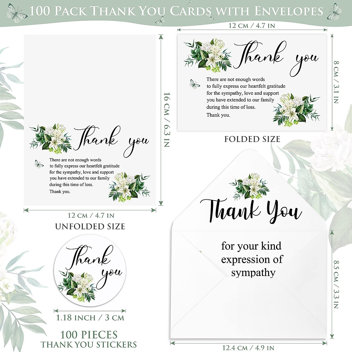 Marspark 100 Sets Funeral Thank You Cards with Envelopes and Message Thank You Sympathy Cards Inside Memorial Card Bereavement Cards with Stickers for Funeral Loved Ones Celebration of Life(Lily)